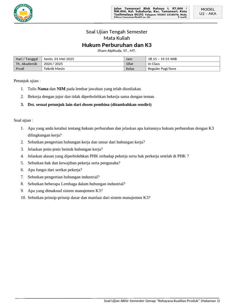 UTS Hukum Perburuhan (K3) | PDF