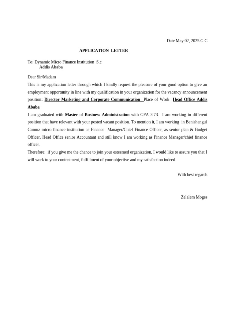 Cover Letter Zed | PDF