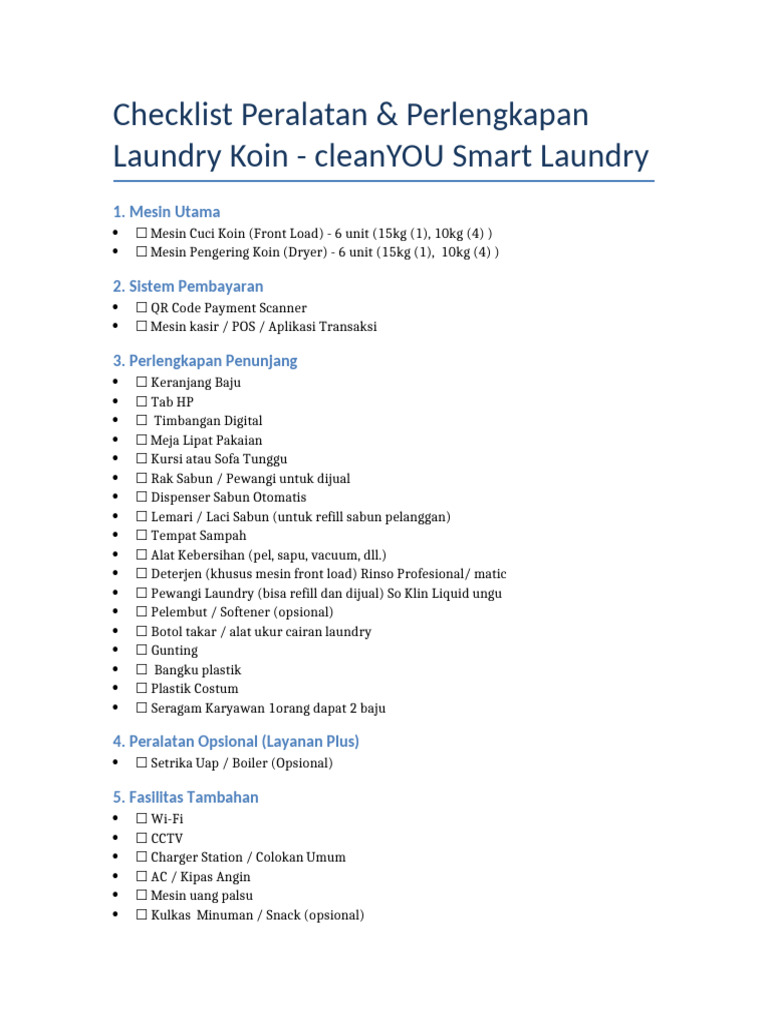 Checklist Laundry Koin cleanYOU Updated | PDF