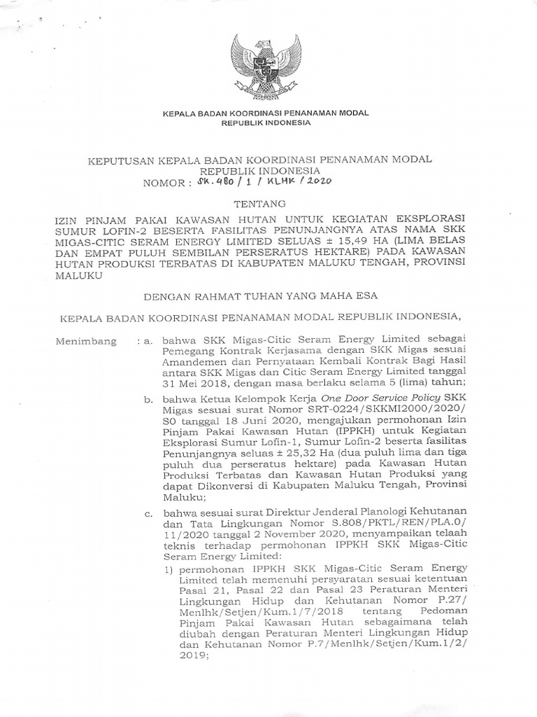 SKK MIGAS - Citic Seram Energy Limited SK.480-2020 (IKE-Maluku) | PDF