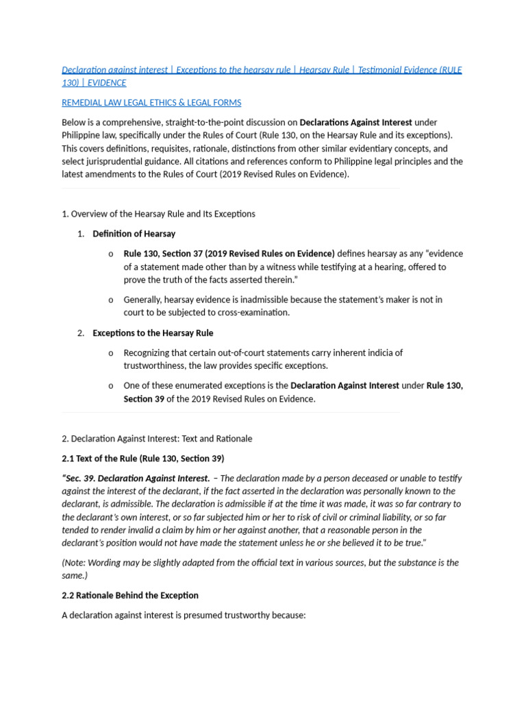 Declaration Against Interest | PDF | Hearsay | Evidence (Law)
