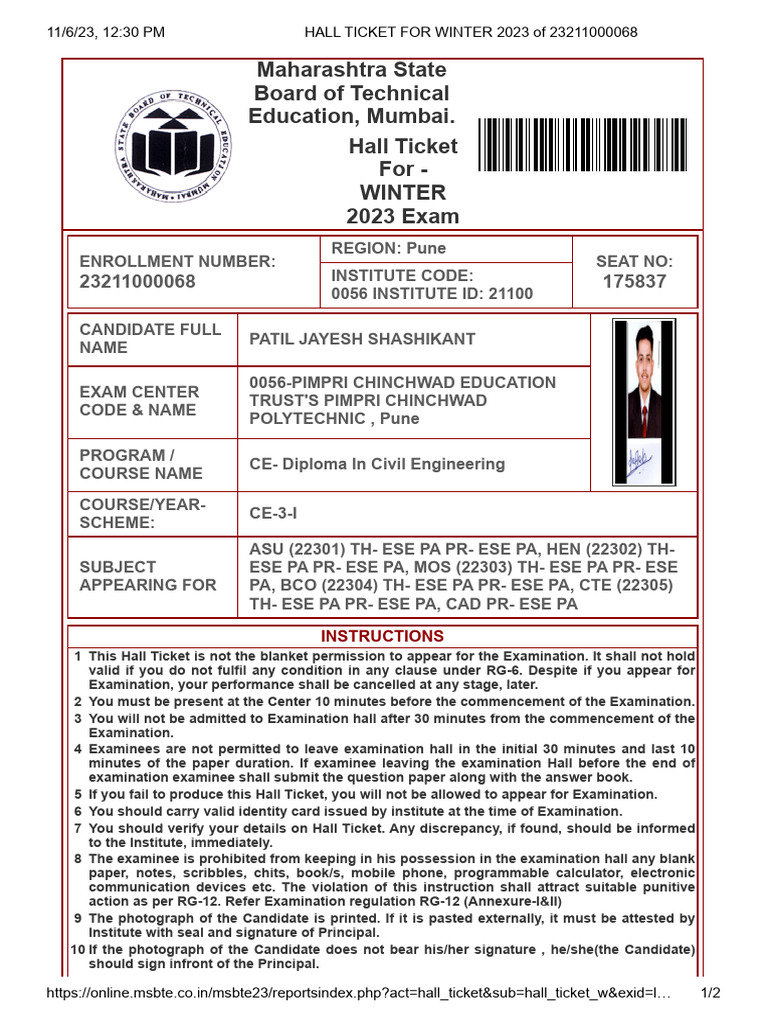Hall Ticket For Winter 2023 of 23211000068 | PDF