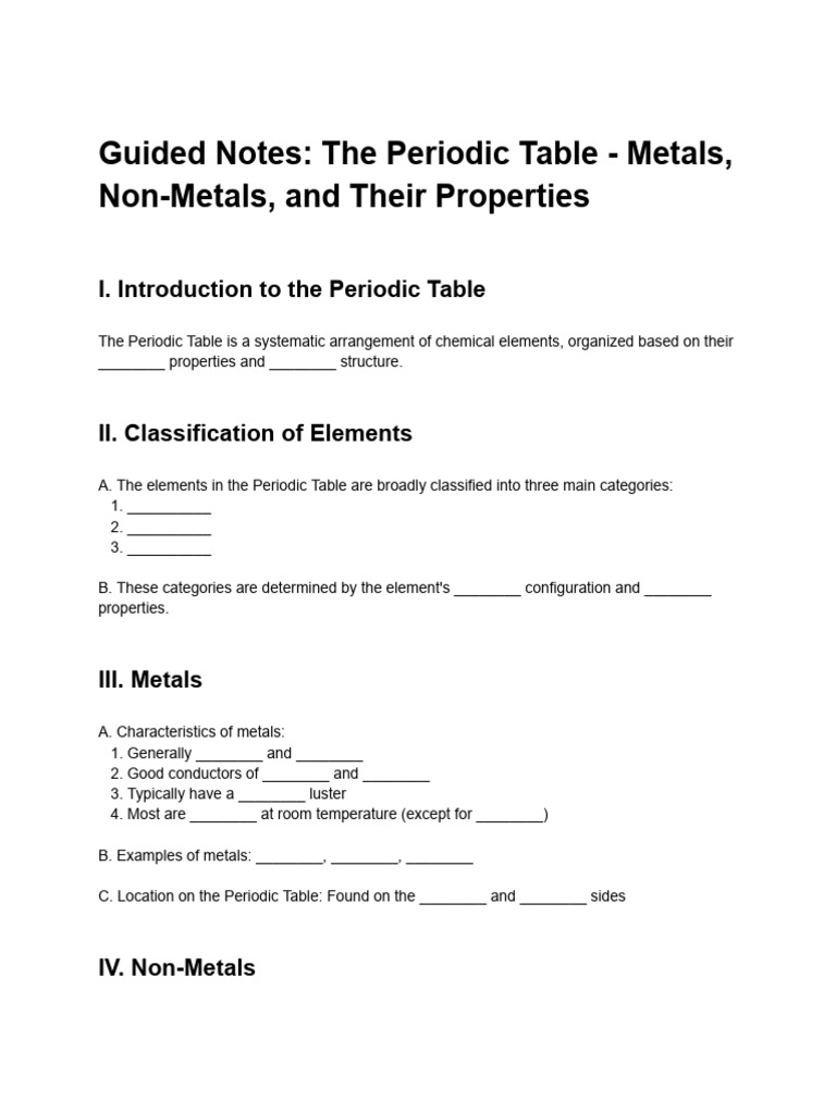 Guided Notes On The Periodic Table - Metals, Non-Metals, and Their ...