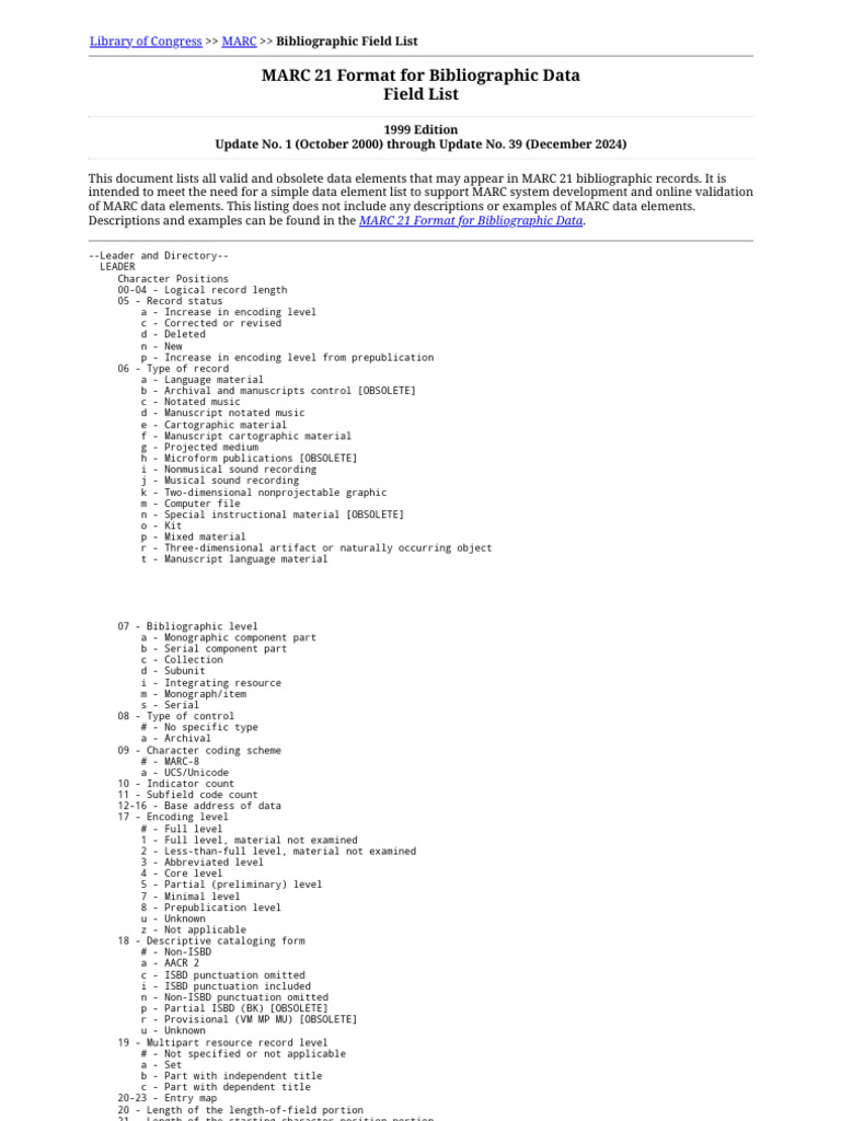 MARC 21 Format For Bibliographic Data - Table of Contents (Network ...
