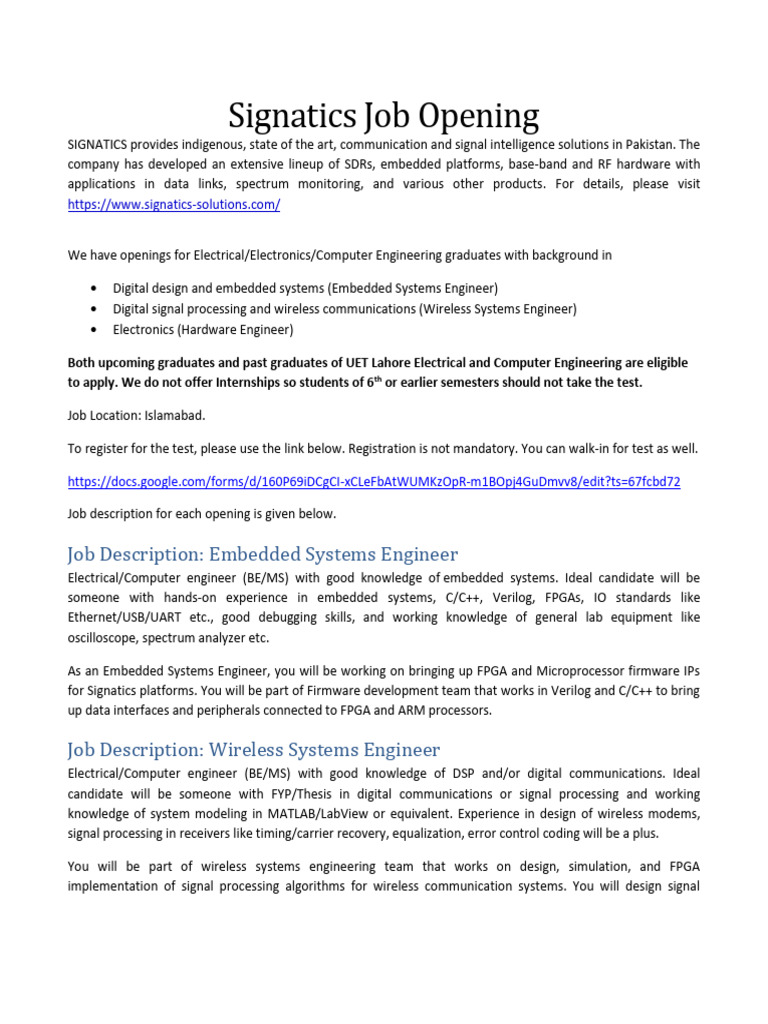 Job Description Signatics UET LHR | PDF | Embedded System | Field Programmable Gate Array