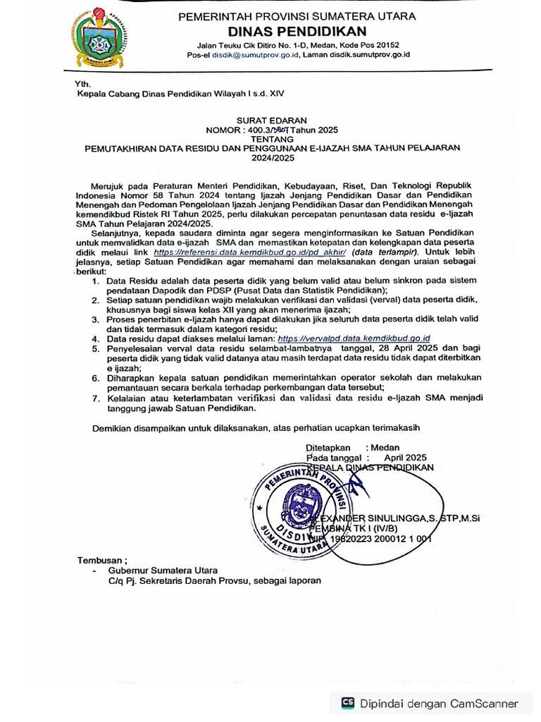 Surat Edaran Tentang Pemutakhiran Data Residu Dan Penggunaan E-Ijazah SMA Tahun Tahun Pelajaran ...