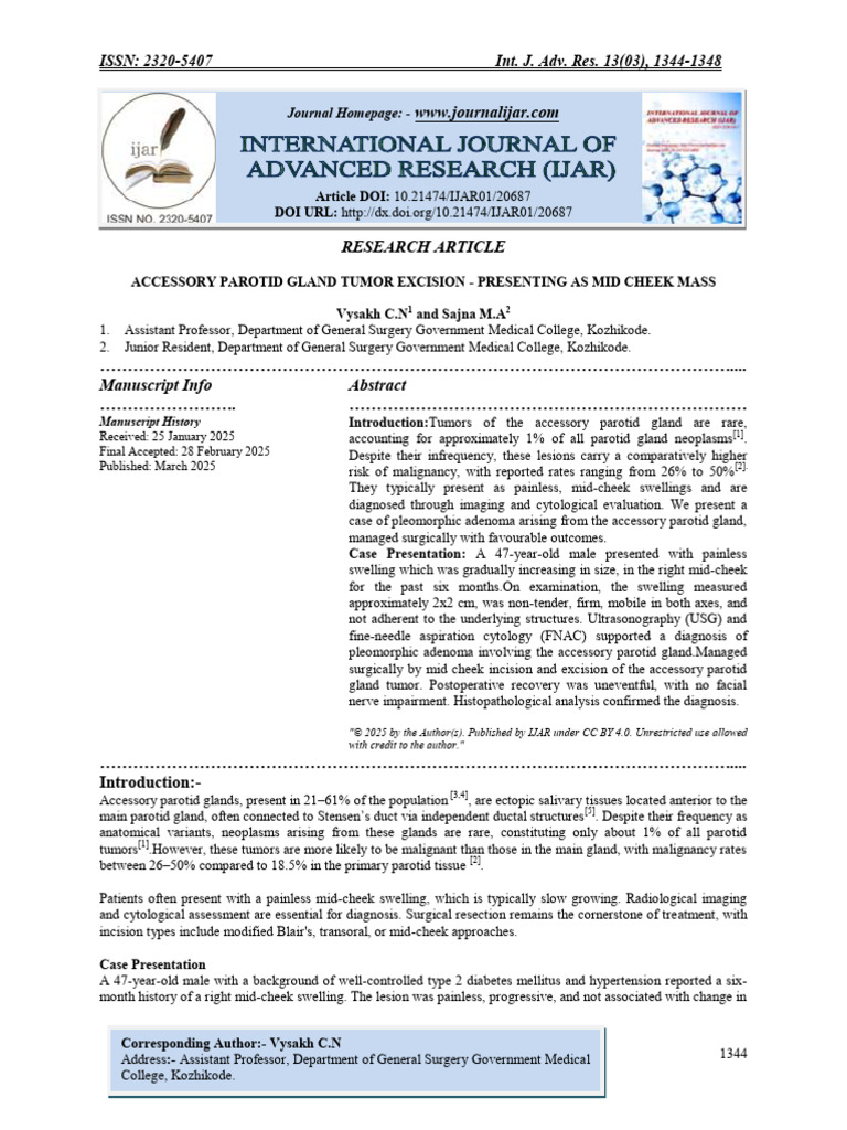 Accessory Parotid Gland Tumor Excision - Presenting As Mid Cheek Mass ...