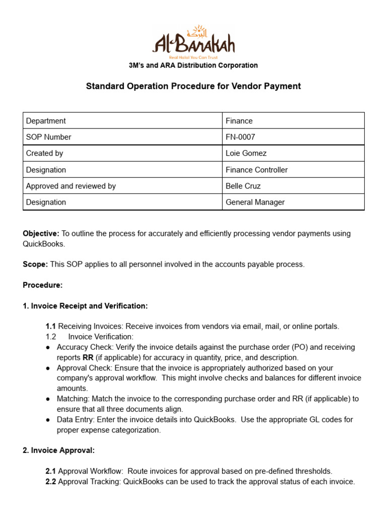 SOP For Vendor Payment | PDF | Invoice