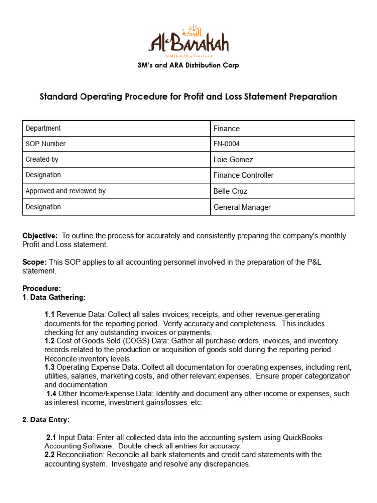 SOP for P&L Statement Preparation | PDF | Income Statement | Gross Margin