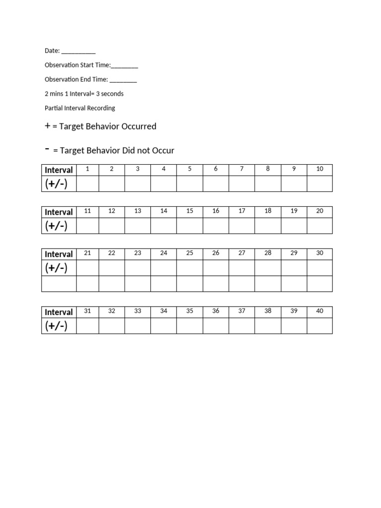 Partial Interval Recording Data Sheet 10 Second | PDF