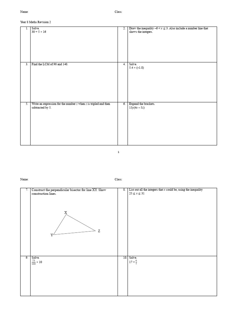 Year 8 Maths Revision Worksheet | PDF