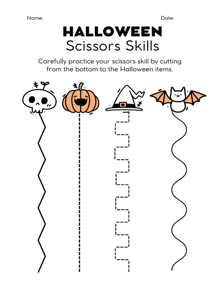 Halloween Scissors Skills Worksheet in Cute Style | PDF