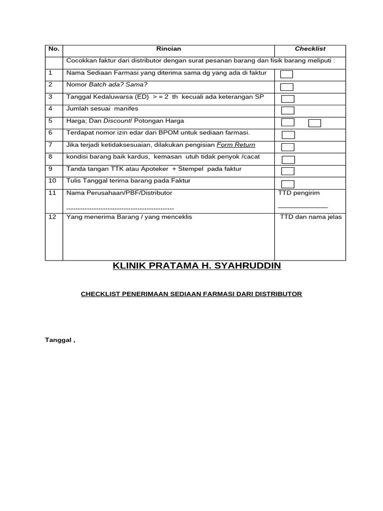 Checklist Penerimaan Sediaan Farmasi | PDF