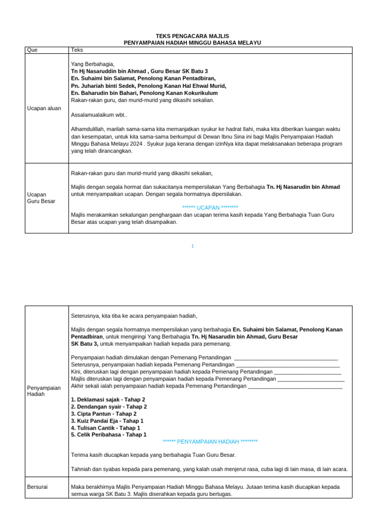 Skrip MC Penyampaian Hadiah | PDF