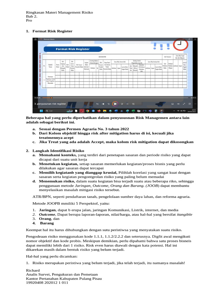 Ringkasan Materi Pelatihan Management Risiko Bab 3 Proses Penyusunan Risk Register | PDF