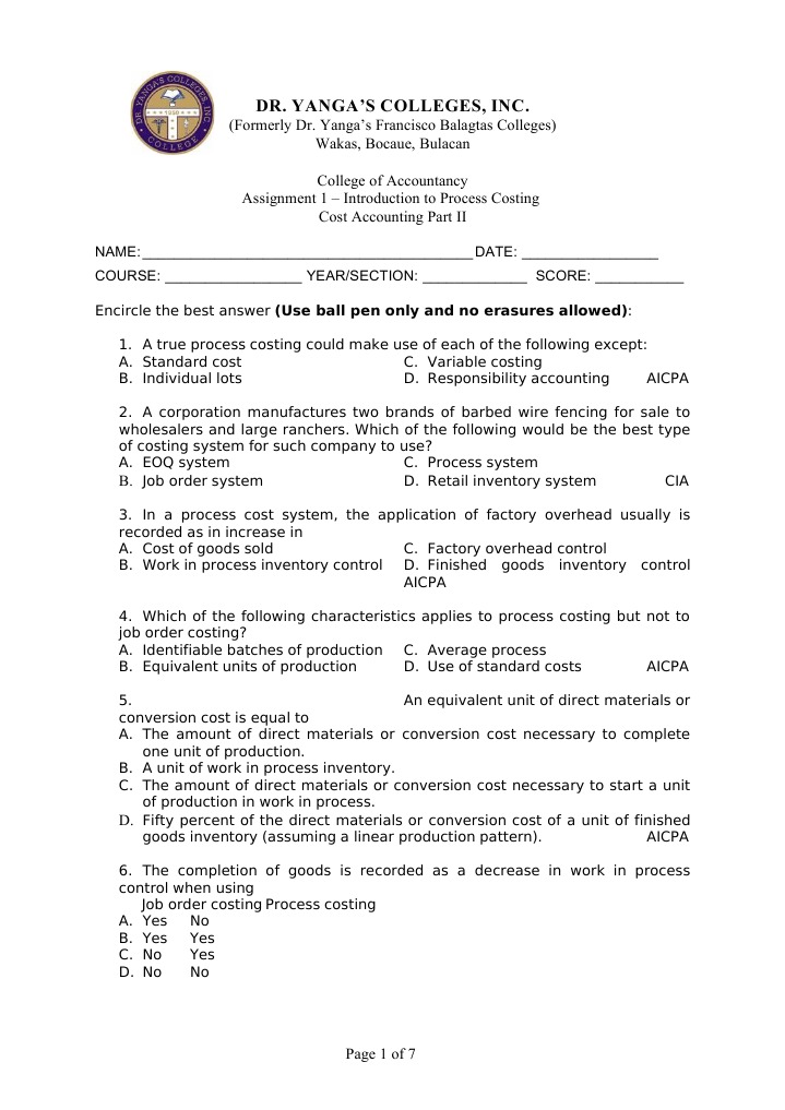 Assignment 1 - Introduction To Process Costing | PDF | Cost Of Goods ...