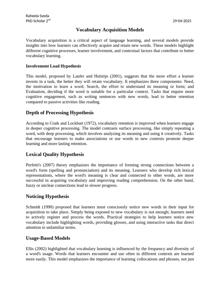 Task1. Vocabulary Acquisition Models | PDF | Vocabulary | Language ...