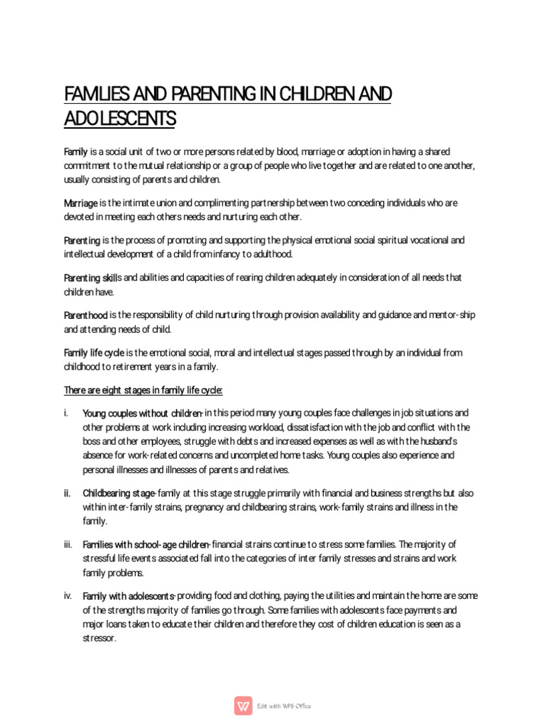 8579 Families and Parenting Notes 2nd Year | PDF