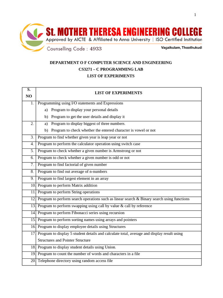 20ESPL101 Programming in C Lab Manual | PDF | Computer Program | Programming
