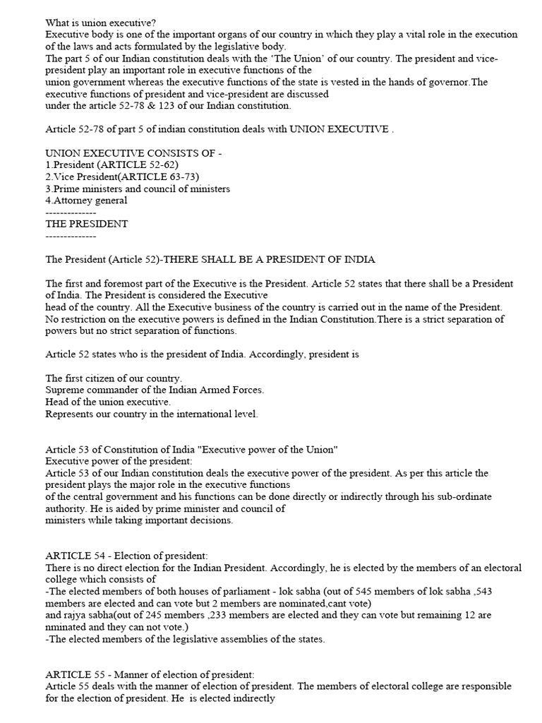 Union Executive: Articles 52-78 Overview | PDF | Pardon | Government Of ...