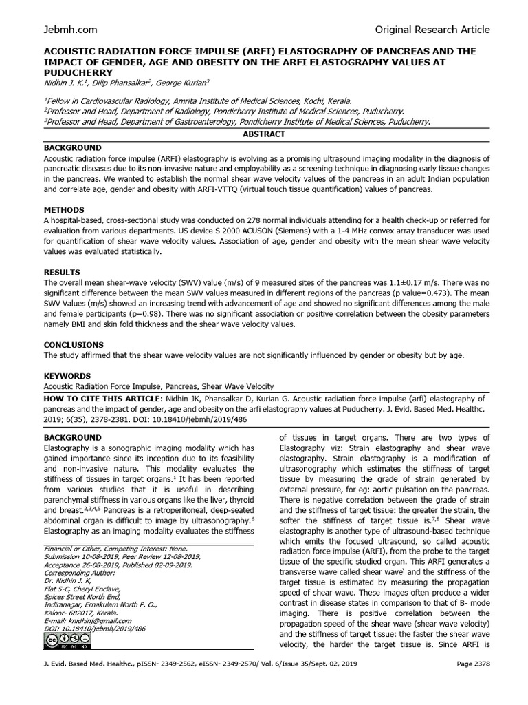 Acoustic Radiation Force Impulse Arfi Elastography of Pancreas and The Impact of Gender Age and ...