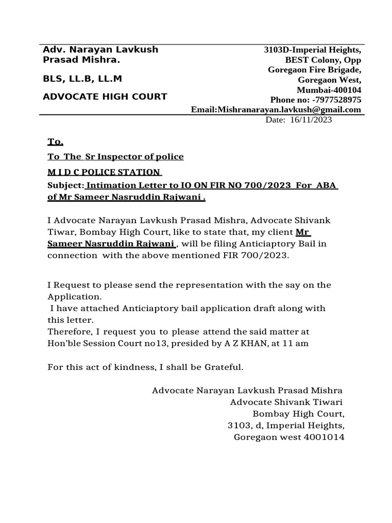 Aba Intimation Cover Letter | PDF