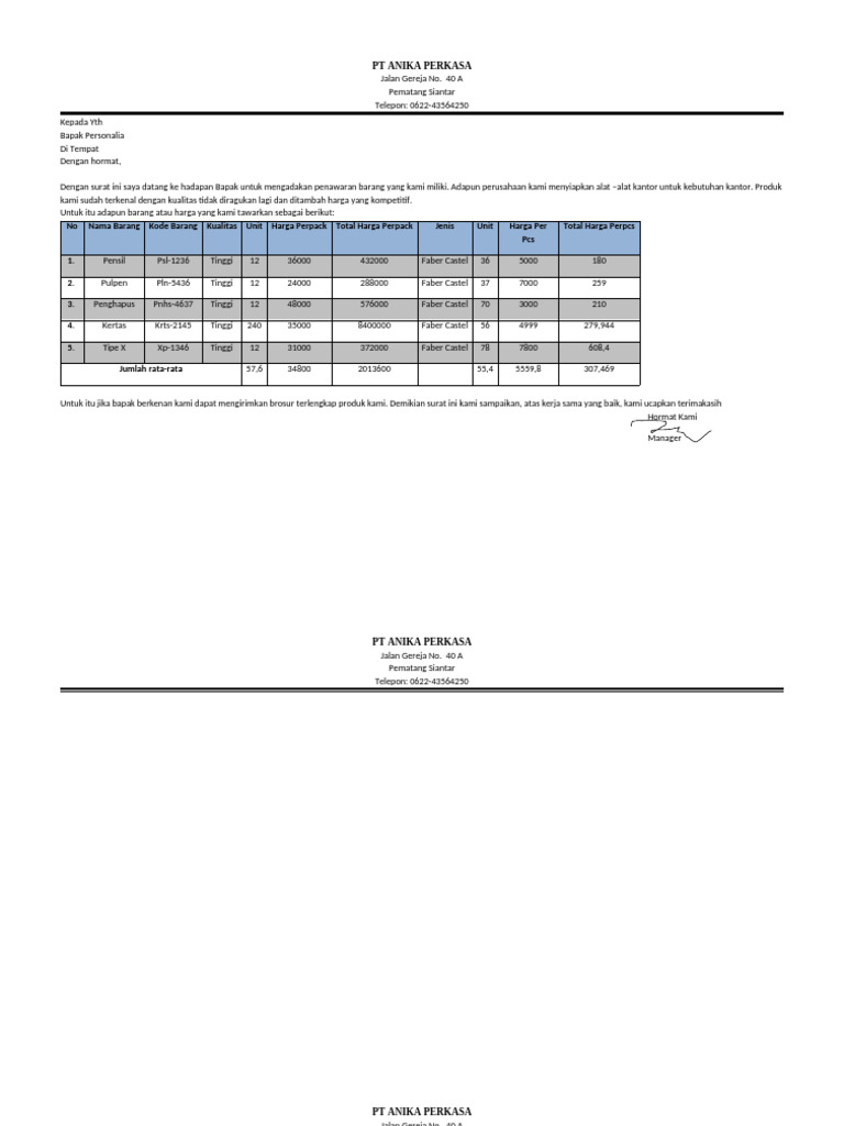 Tabel Surat Penawaran | PDF