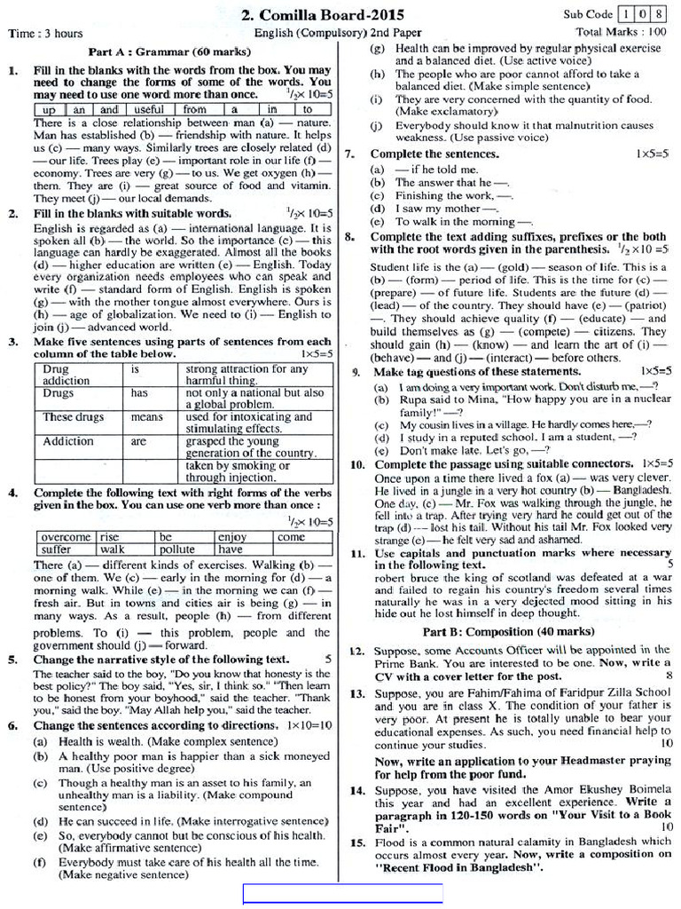 SSC Eglish 2nd Paper Question 2015 Comilla Board | PDF