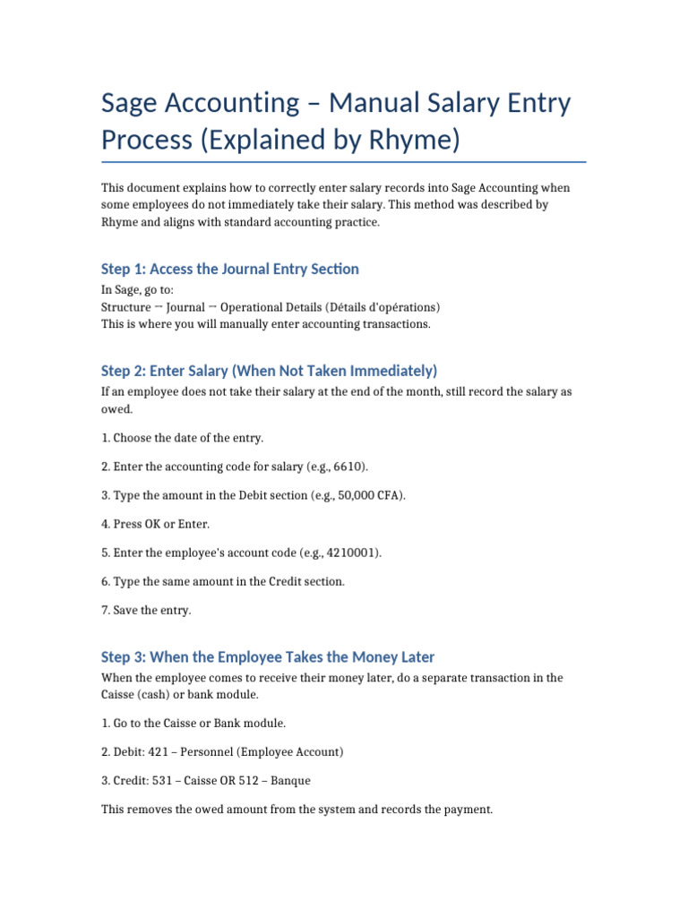Sage Salary Manual Entry by Rhyme | PDF