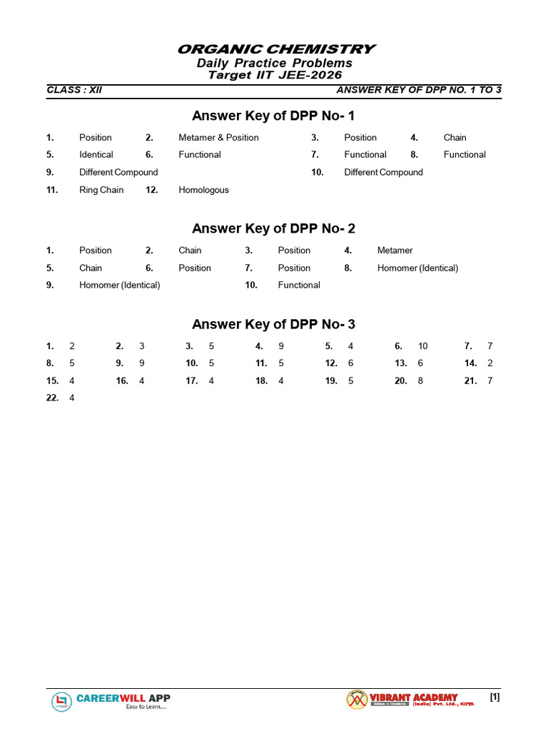 2 - XII - OC - Answer Key - (1-3) - Structural Isomerism | PDF