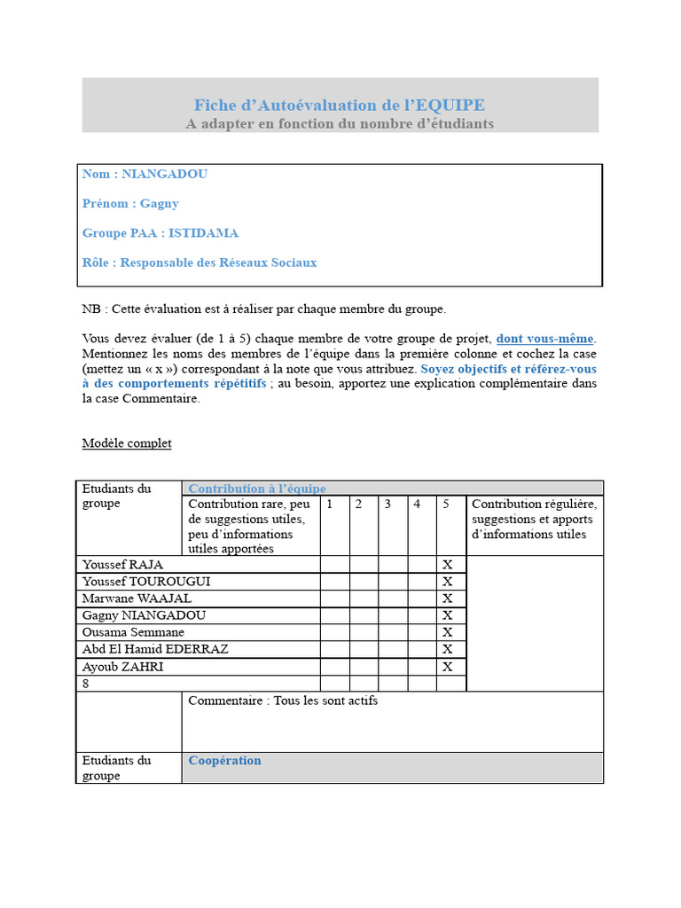 Fiche d'Autoévaluation d'Équipe PAA | PDF