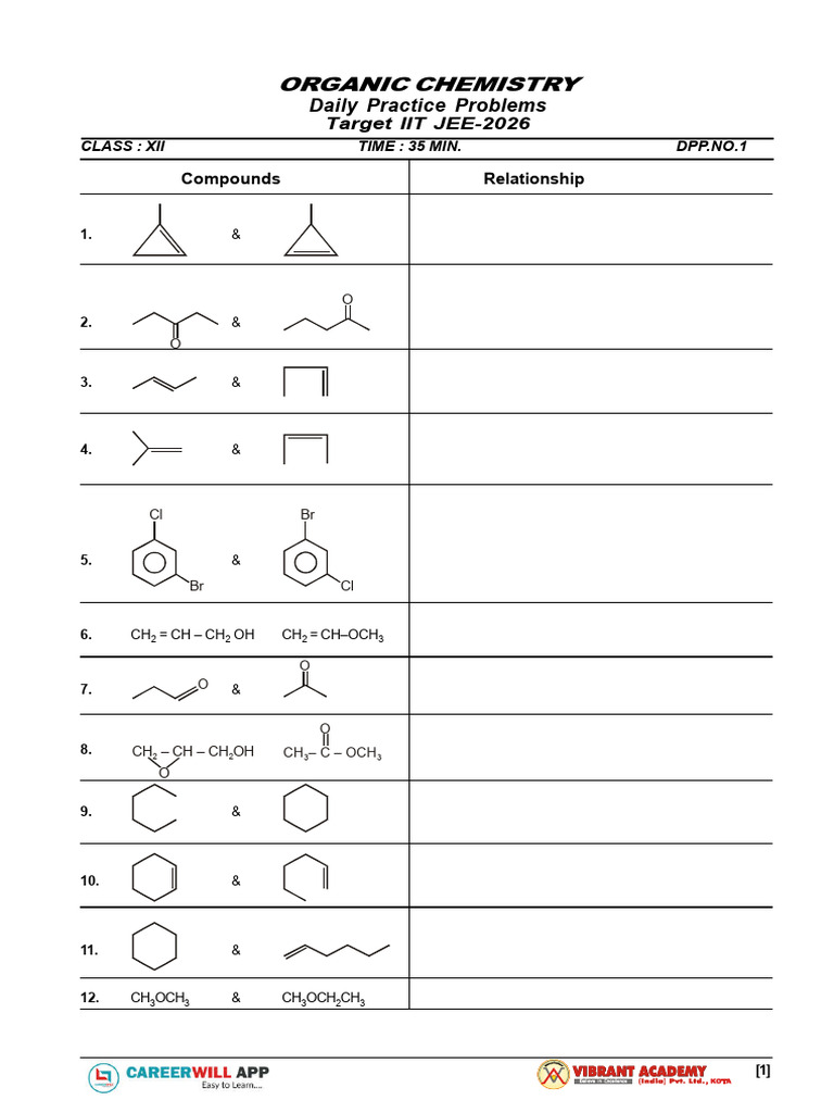 1 - XII - OC - DPP Without Answer - (1-3) - Structural Isomerism | PDF | Organic Compounds ...