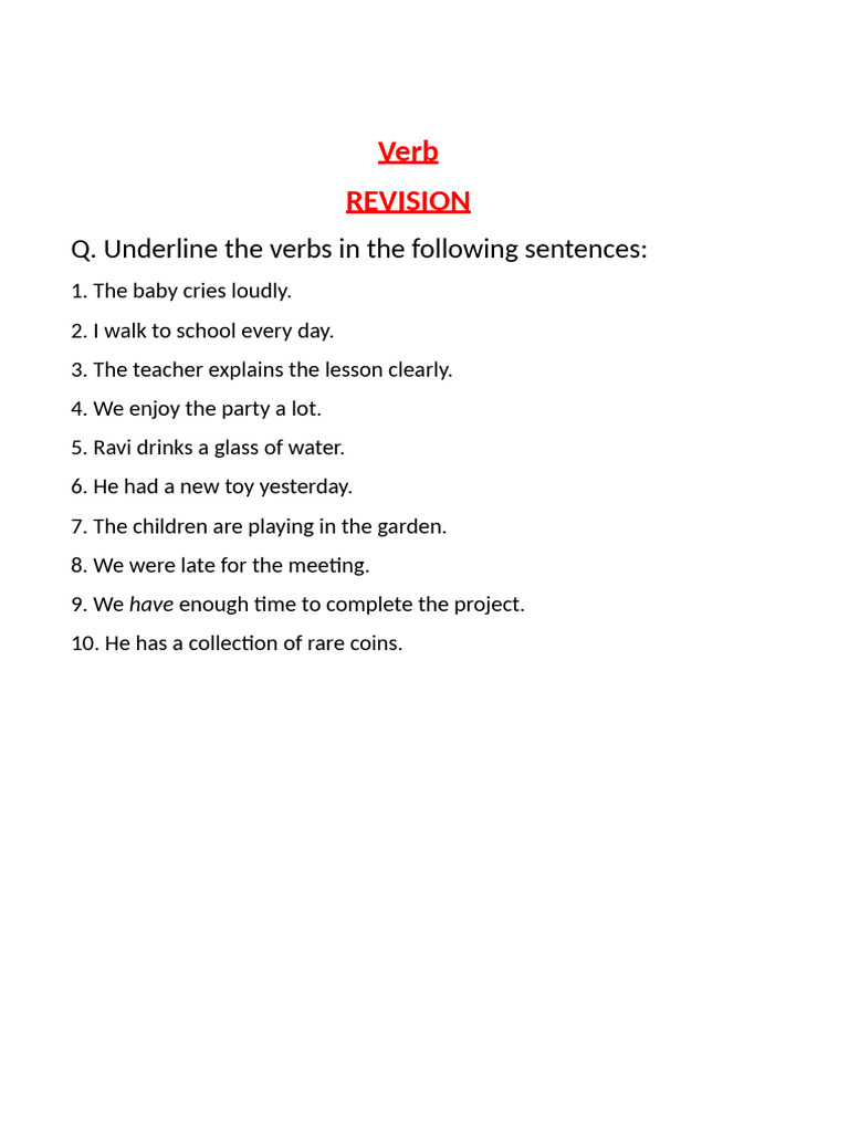 Revision Verbs 1 Class 4 Pdf