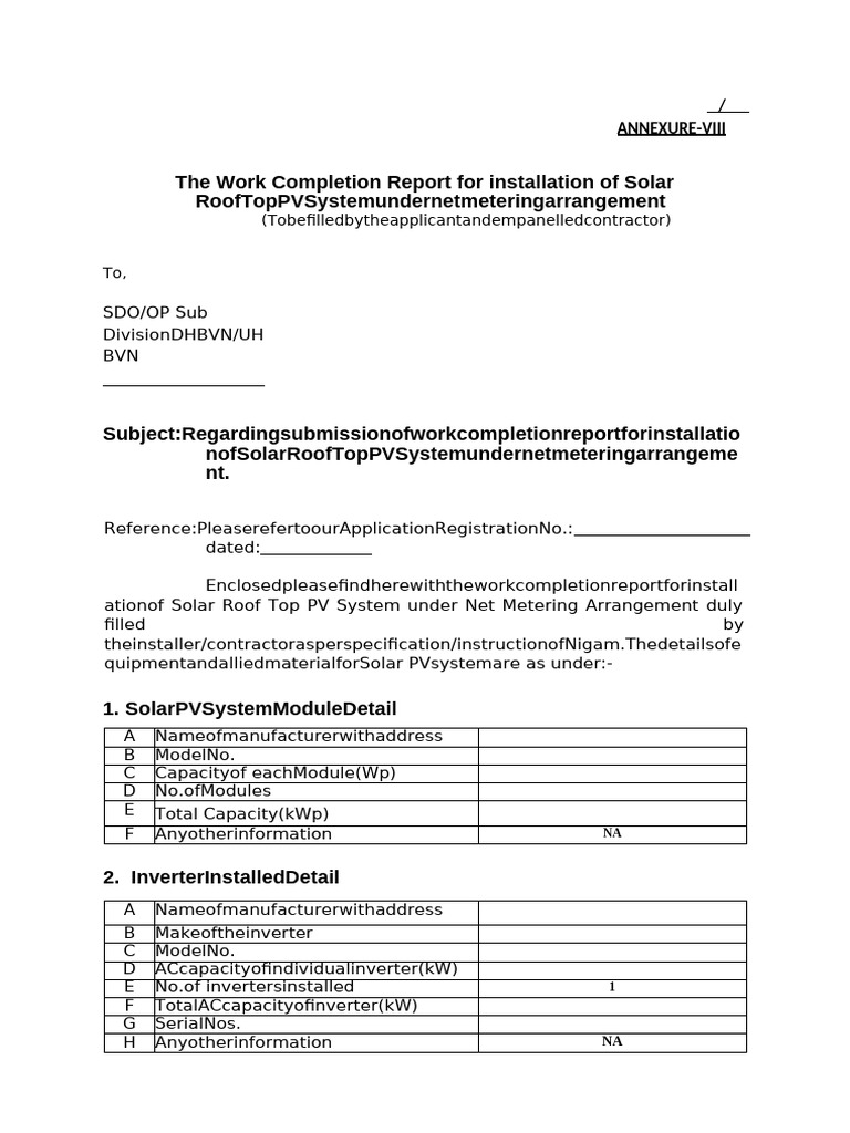 Work Completion Report For Net Metering - Annnexure VIII | PDF ...
