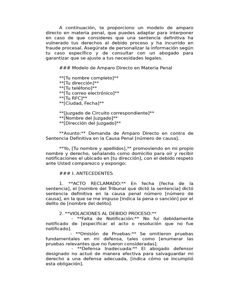 Modelo de Amparo Directo Penal | PDF | Debido al proceso | Ley procesal