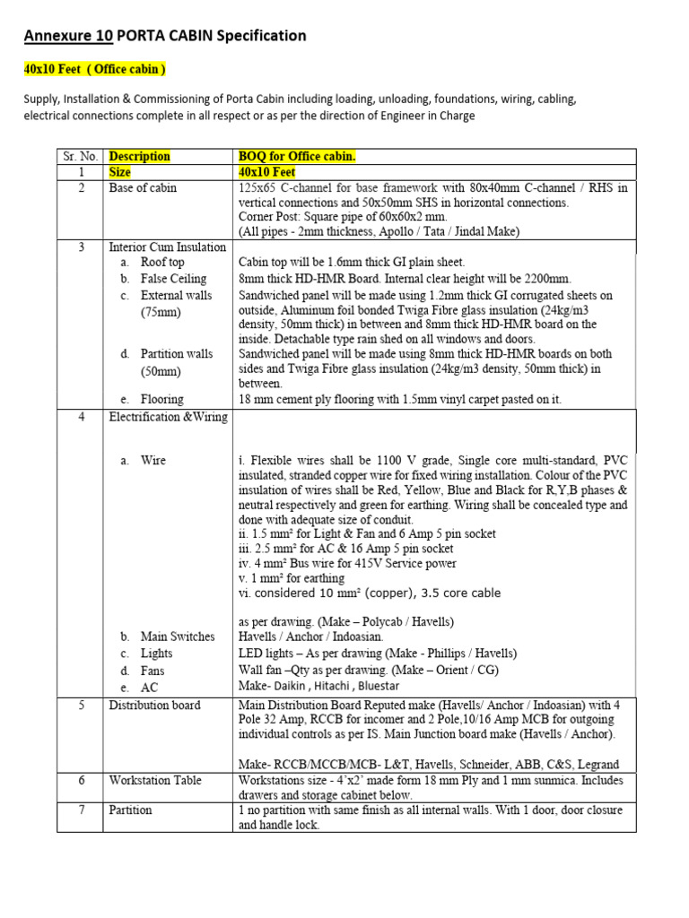 Annexure 10 Porta Cabin Specification | PDF | Electrical Wiring | Flooring