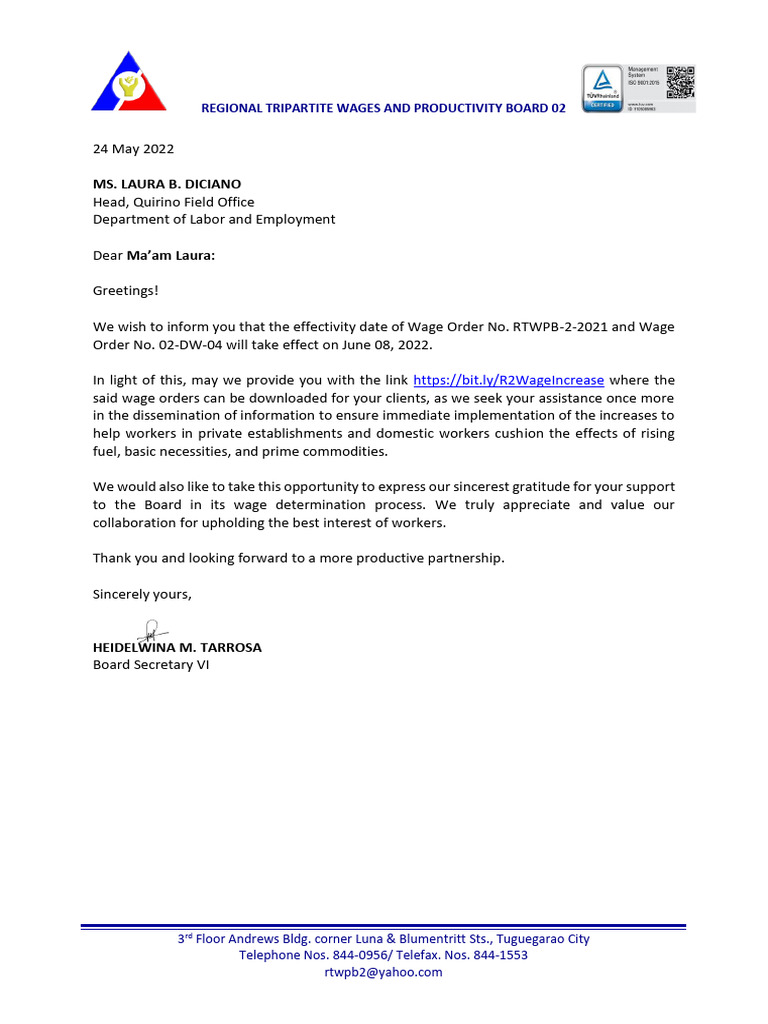 Letter-Thank You-DOLE-Quirino FO | PDF