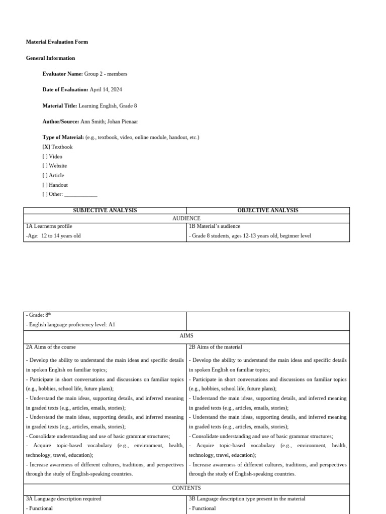 Material Evaluation Form | PDF | Language Education | Communication
