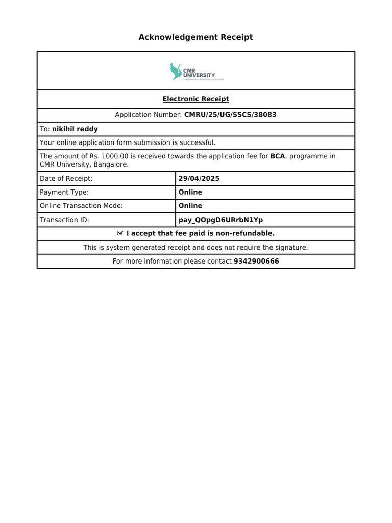 Acknowledgement Receipt CMRU 25 UG SSCS 38083 | PDF