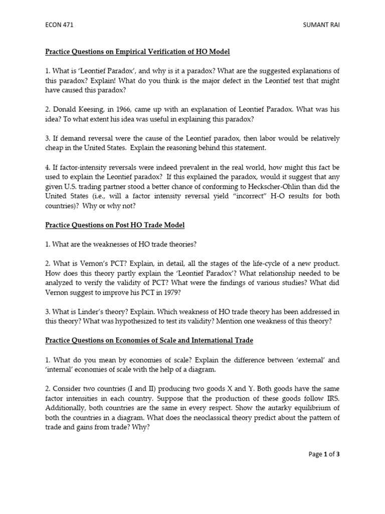 Post H-O Model and Imperfect Competition Trade Models - Practice ...