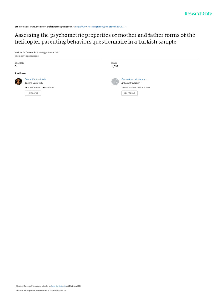 Assessing The Psychometric Properties of Mother and Father Forms of The Helicopter Parenting ...