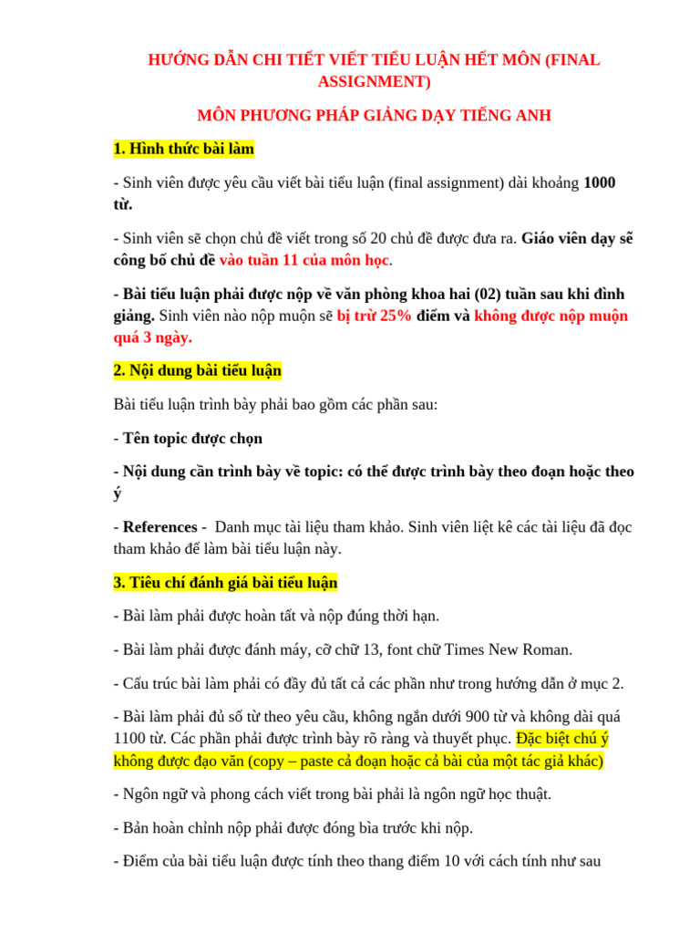 1. HƯỚNG DẪN VIẾT FINAL ASSIGNMENT MÔN ELT METHODOLOGY | PDF
