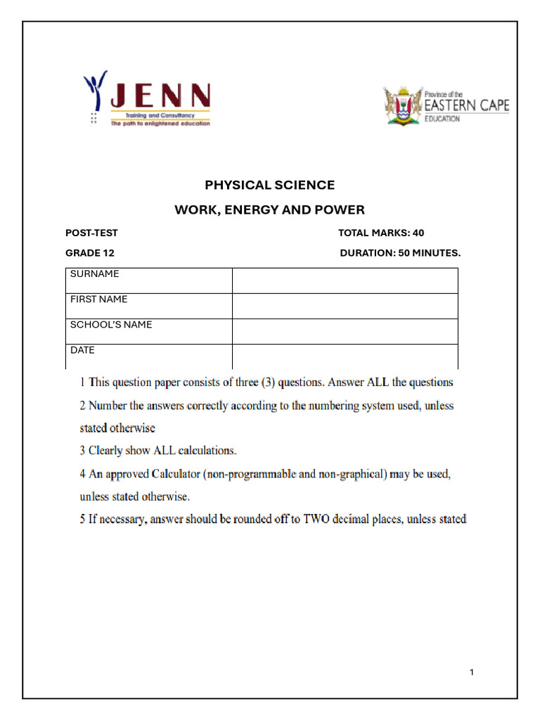 Grade 12 Work, Energy, and Power Test | PDF | Force | Friction