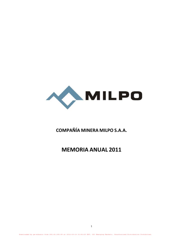 COMPAÑÍA MINERA MILPO S.A.A. Memoria É1 Milpo Version Final | PDF ...