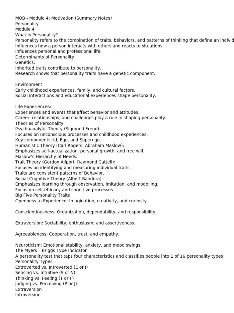 MOB Module 4 Summary Final | PDF | Extraversion And Introversion | Human Development