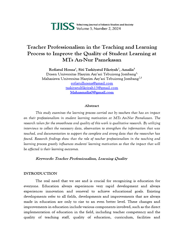 Teacher Professionalism in The Teaching and Learning Process To Improve ...