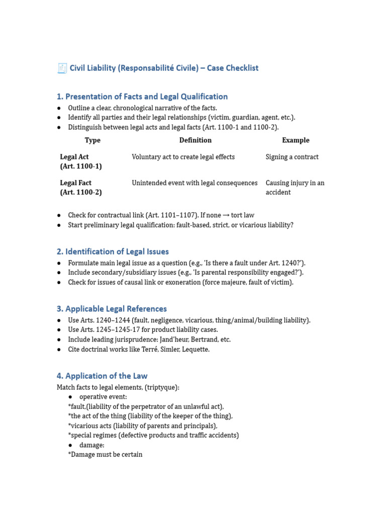 Civil Liability Case Checklist | PDF | Legal Liability | Tort