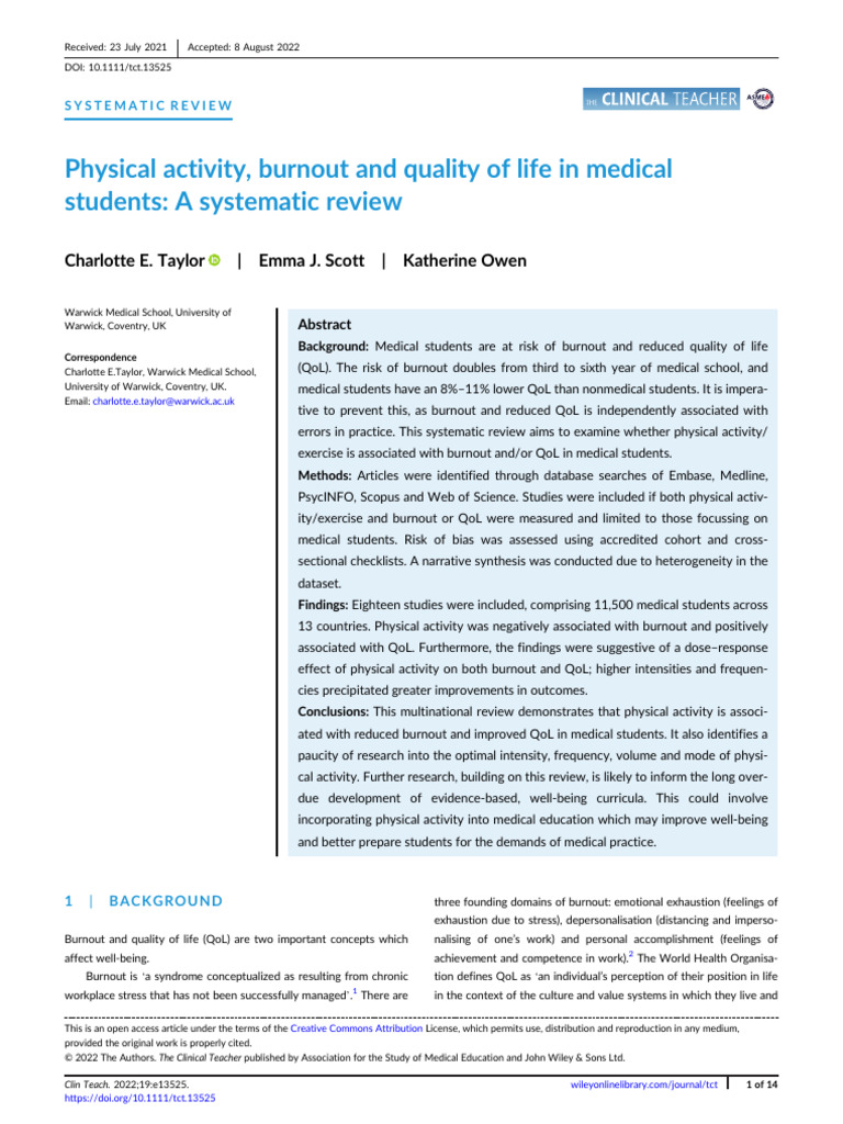 The Clinical Teacher - 2022 - Taylor - Physical Activity Burnout and Quality of Life in Medical ...