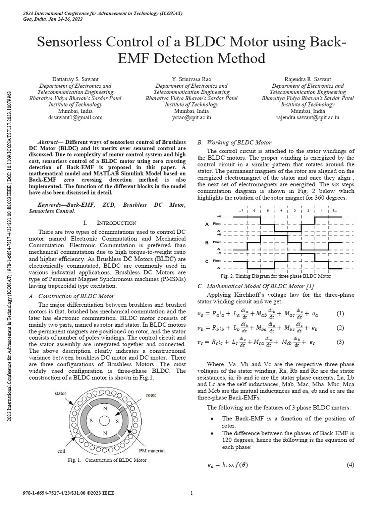 Sensorless Control Of A Bldc Motor Using Back Emf Detection Method Pdf Electric Motor