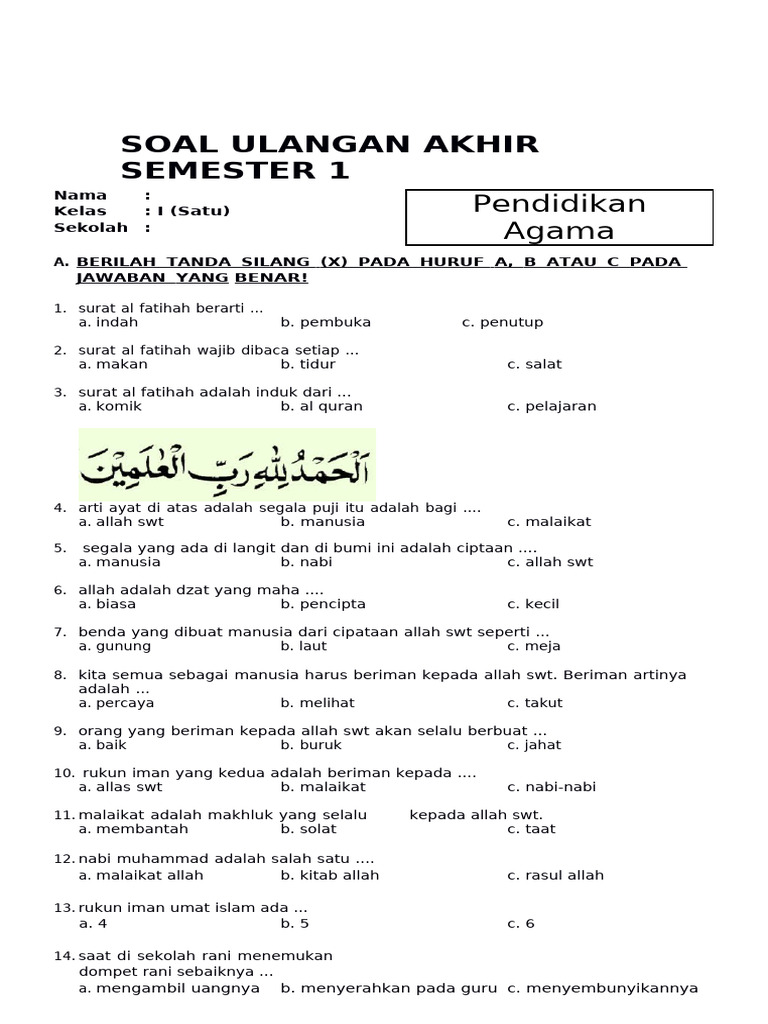 Soal UAS PAI Kelas 1 SD Semester 1 Ganjil Dan Kunci Jawaban WWW Bimbelbrilian Com | PDF